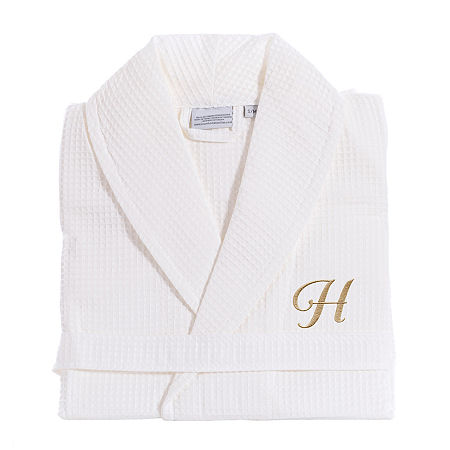 Linum Home Personalized Unisex Embroidered Turkish Cotton Waffle Weave Bathrobe - Gold H