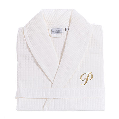 Linum Home Personalized Unisex Embroidered Turkish Cotton Waffle Weave Bathrobe - Gold P