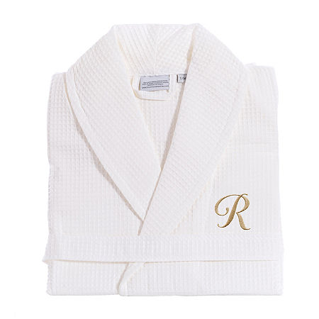 Linum Home Personalized Unisex Embroidered Turkish Cotton Waffle Weave Bathrobe - Gold R
