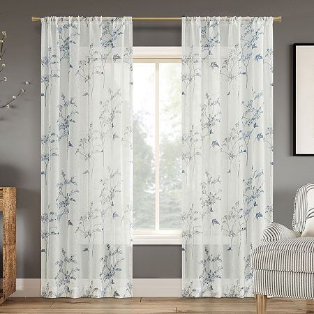 No. 918 Maeve Botanical Print Sheer Rod Pocket Curtain Panel - Blue