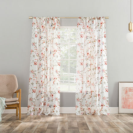 No. 918 Jennifer Floral Print Crushed Voile Sheer Rod Pocket Curtain Panel - Coral