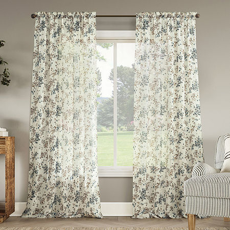 No. 918 Alethea Floral Print Crushed Voile Sheer Rod Pocket Curtain Panel - Antique