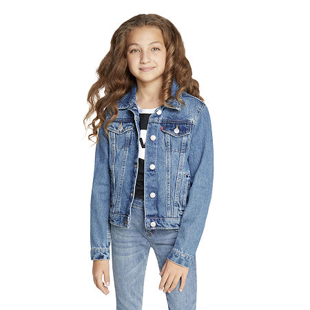 Levis Big Girls Stylish Collared Denim Trucker Jacket - Med Blue
