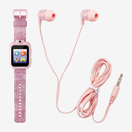 Playzoom Kids Pink Glitter Silicone Strap Touchscreen Smart Watch 42mm with Earbuds Gift Set - Pink Glitter