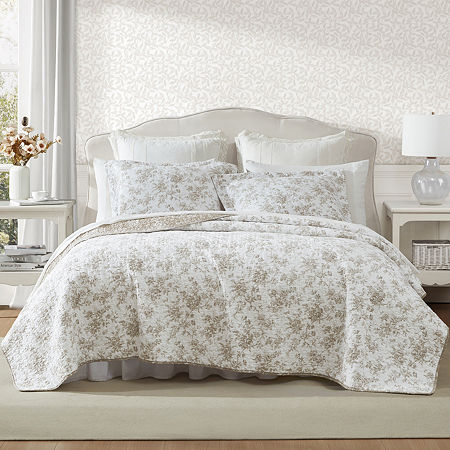 Laura Ashley Walled Garden Cotton Reversible 3-Piece Quilt Set  King - Mocha