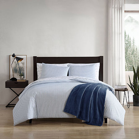 Eddie Bauer Ticking Stripe Cotton Percale 3 Piece Duvet Cover Set  King - Navy Blue