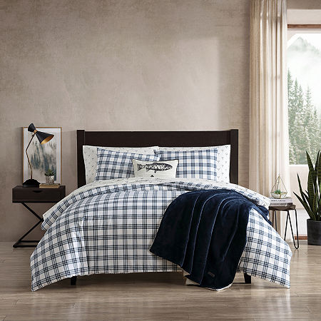 Eddie Bauer Basic Plaid Cotton Percale 3 Piece Duvet Cover Set  King - Dusted Indigo