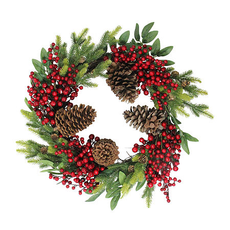 Northlight 22 Artificial Pine Cone Red Berry and Pine Sprig Christmas Wreath - Unlit - Green