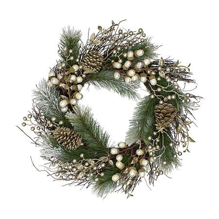 Northlight Unlit Acorn and Pine Cone Flocked Pine Needle Artificial Christmas Wreath - Green
