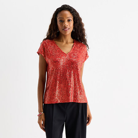 Click here for MSK Sequin Womens V Neck Short Sleeve Blouse  Medi... prices