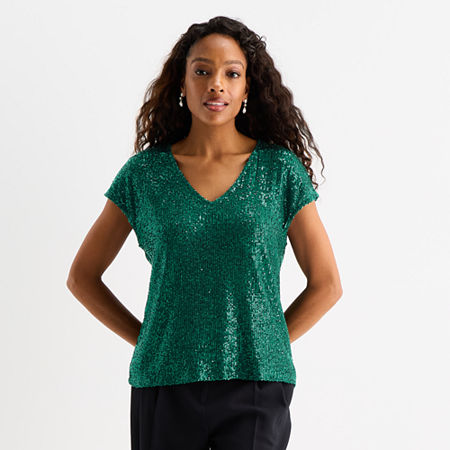 Click here for MSK Sequin Womens V Neck Short Sleeve Blouse  Medi... prices
