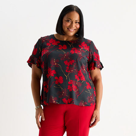 Liz Claiborne Womens Crew Neck Short Sleeve Plus Blouse  1x  Black