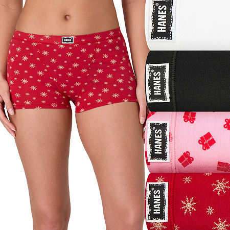 Hanes Womens 4-Piece Boxer Brief Underwear Assorted Bonus Pack - Black Flakes  Candy Cane  Shelton Red  W
