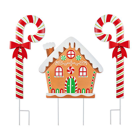 Glitzhome Metal Christmas Gingerbread House and Candy Cane Yard Stakes  Set of 3 - Multi