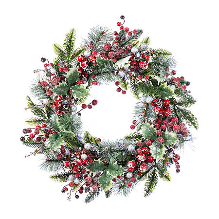 Glitzhome 24 Christmas Pomegranate Berry and Holy Leaf Wreath - Multi