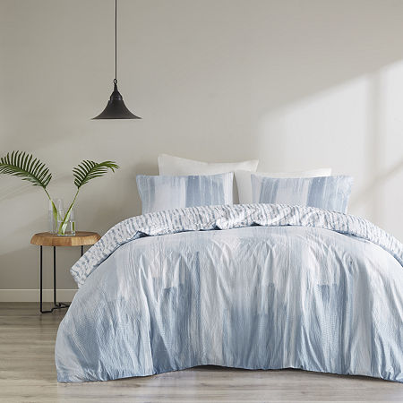 Natori Brush Stroke Oversized Reversible Seersucker 3 Piece Duvet Cover Set  Full/Queen - Blue