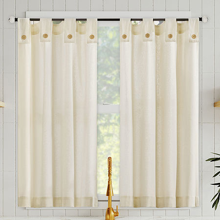 Cotton Blend Button Tab Top Cafe Curtain Pair - Cream