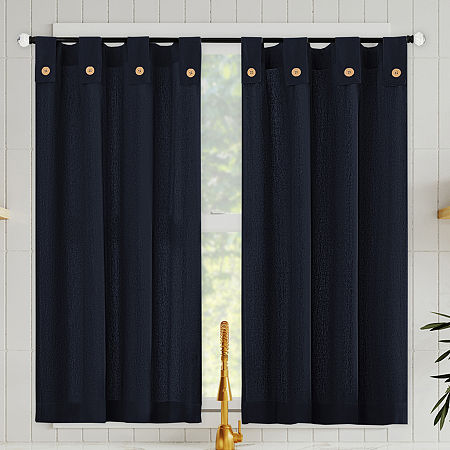 Cotton Blend Button Tab Top Cafe Curtain Pair - Navy blue