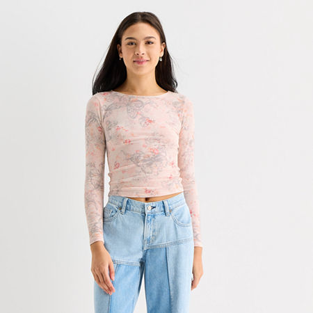 Arizona Womens Juniors Crew Neck Long Sleeve Layered Top  Medium  Pink