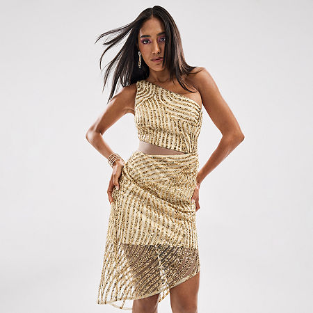 Bob Mackie Womens Sequin Sleeveless Off the Shoulder Midi Sheath Dress  6  Beige
