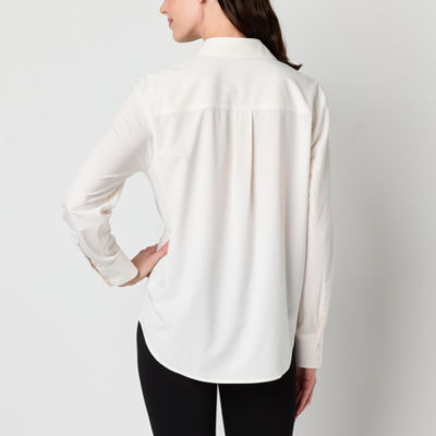 Stylus Womens V Neck Long Sleeve Button-Down Shirt, Color: Gardenia ...