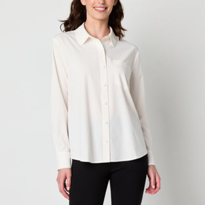 Stylus Womens V Neck Long Sleeve Button-Down Shirt, Color: Gardenia ...