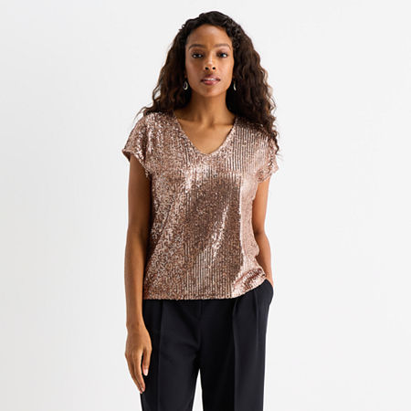 Click here for MSK Sequin Womens V Neck Short Sleeve Blouse  X-la... prices