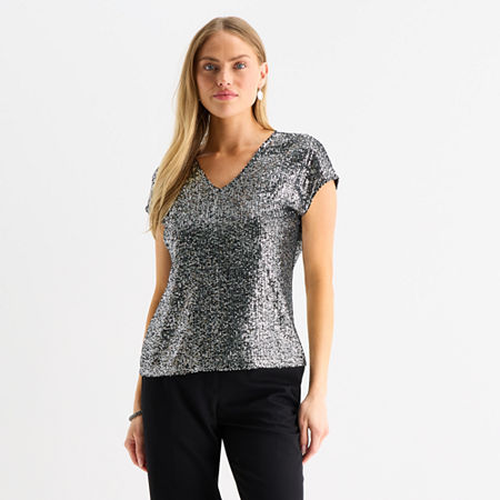 Click here for MSK Sequin Womens V Neck Short Sleeve Blouse  Medi... prices