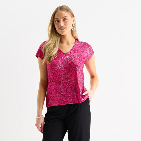 Click here for MSK Sequin Womens V Neck Short Sleeve Blouse  Medi... prices