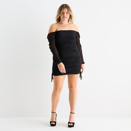 Juniors Plus Jump Ruched Long Sleeve Glitter Sheath Dress