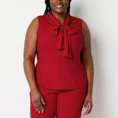 Black Label by Evan-Picone Plus Womens Split Tie Neck Sleeveless Blouse ...