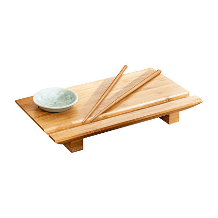 Joyce Chen 3pc Burnished Real Sushi Board Set. 3pc set includes a real sushi board  ceramic soy sauce dish  pair of chopsticks. - Natural