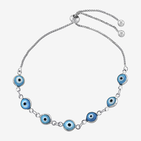 Womens Aqua Glass Guardian Eye Adjustable Bracelet - Silver