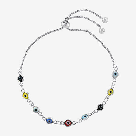 Multi color Glass Guardian Eye Adjustable Bracelet in Gold or Silver Plated - Silver
