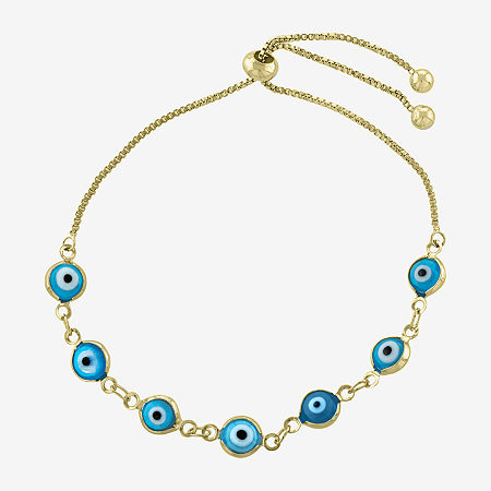 Womens Aqua Glass Guardian Eye Adjustable Bracelet - 14K Gold Plated Brass