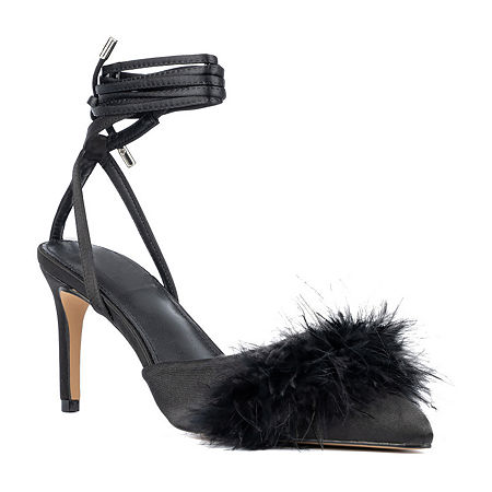 Click here for Womens Saylor- Faux Feather Heel Sandal - Black prices