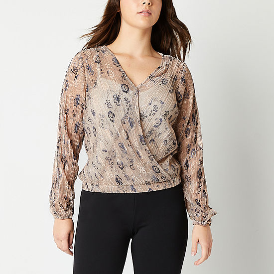 Brannan Womens V Neck Long Sleeve Blouse, Color: Champagne Black - JCPenney Brannan Womens V Neck Long Sleeve Blouse, Color: Champagne Black - JCPenney