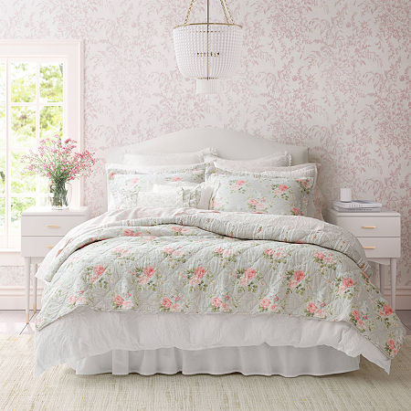 Laura Ashley Melany Cotton Reversible 3 Piece Quilt Set  King - Pink  Gray