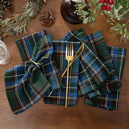 Elrene Stowe Tartan Holiday Plaid Cotton Napkins 17x 17  Set of 8 - Green