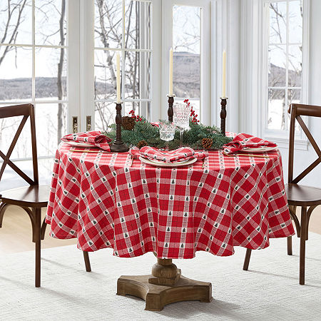 Elrene Sherwood Tree Dobby Cotton Round Tablecloth  70x 70 - Red