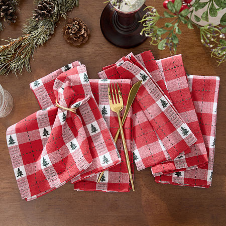 Elrene Sherwood Tree Dobby Cotton Napkins 17x 17  Set of 8 - Red