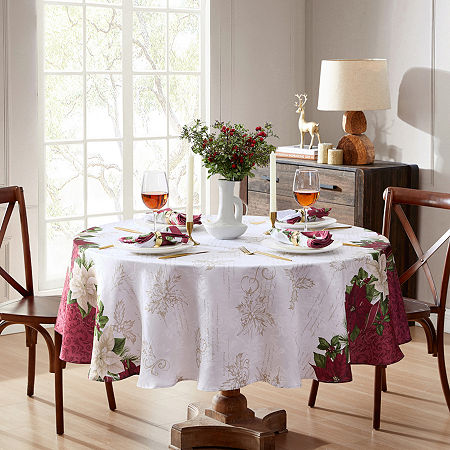 Elrene Clarette Poinsettia Holiday Fabric Round Tablecloth  70 - Rose