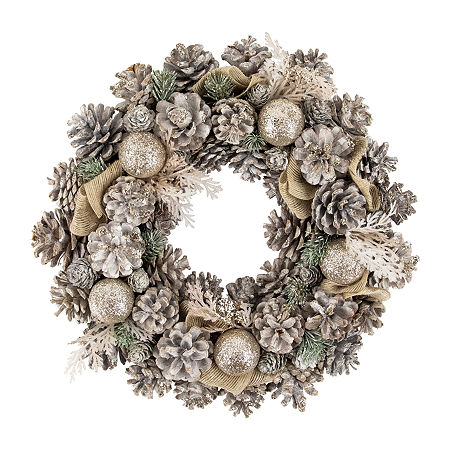 Northlight Glittered Pine and Burlap Bows Artificial Wreath - Brown
