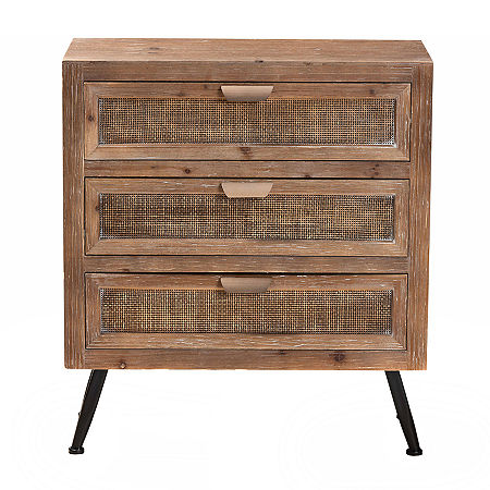 Baxton Studio Calida Mid-Century Modern 30.7 Whitewashed Finished Wood and Rattan 3-Drawer Storage Cabinet - Natural Brown  Black