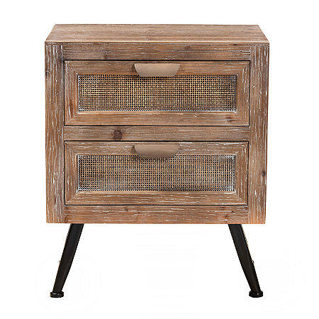 Baxton Studio Calida Mid-Century Modern 22.8 Whitewashed Finished Wood and Rattan 2-Drawer Nightstand - Natural Brown  Black