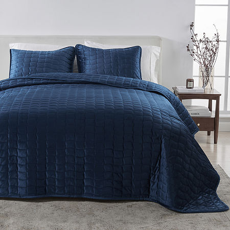 Linery Box-Stitched Dual-Side Velvet Quilt Set  One Size  Blue