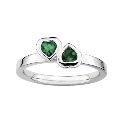Personally Stackable Lab-Created Emerald Sterling Silver Double-Heart ...