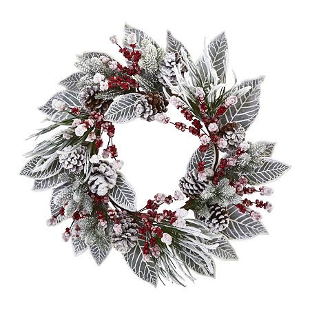 Click here for Nearly Natural 24in. Snowy Magnolia Berry Wreath... prices