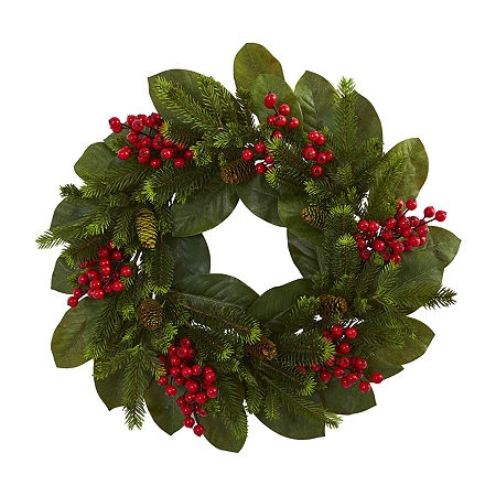 Click here for Nearly Natural 24in. Magnolia Leaf; Berry And Pine... prices