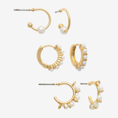 Mixit Womens Simulated Pearl 3 Pair Earring Set, Color: Gold - JCPenney